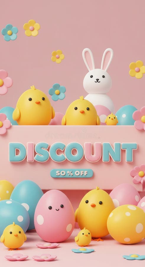 Cute Spring Discount Banner with Colorful Easter Elements and Cartoon ...
