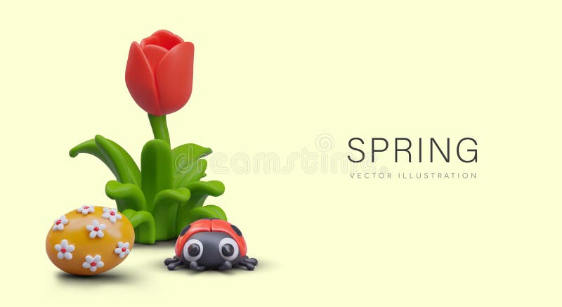 Cute Spring Horizontal Concept in Realistic Style. Red Tulip in Fresh ...