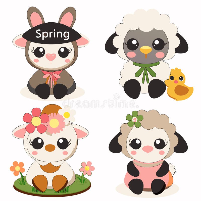 Cute Spring Lambs and Chick Illustration Stock Vector - Illustration of ...