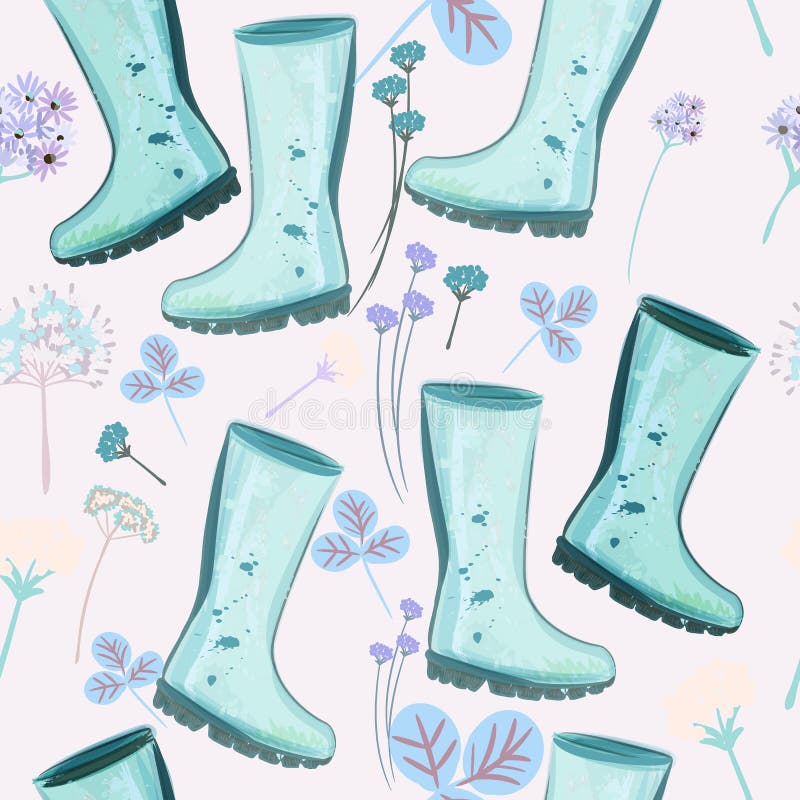 Cute Spring Pattern with Blue Rubber Boots and Flowers for Design Stock ...