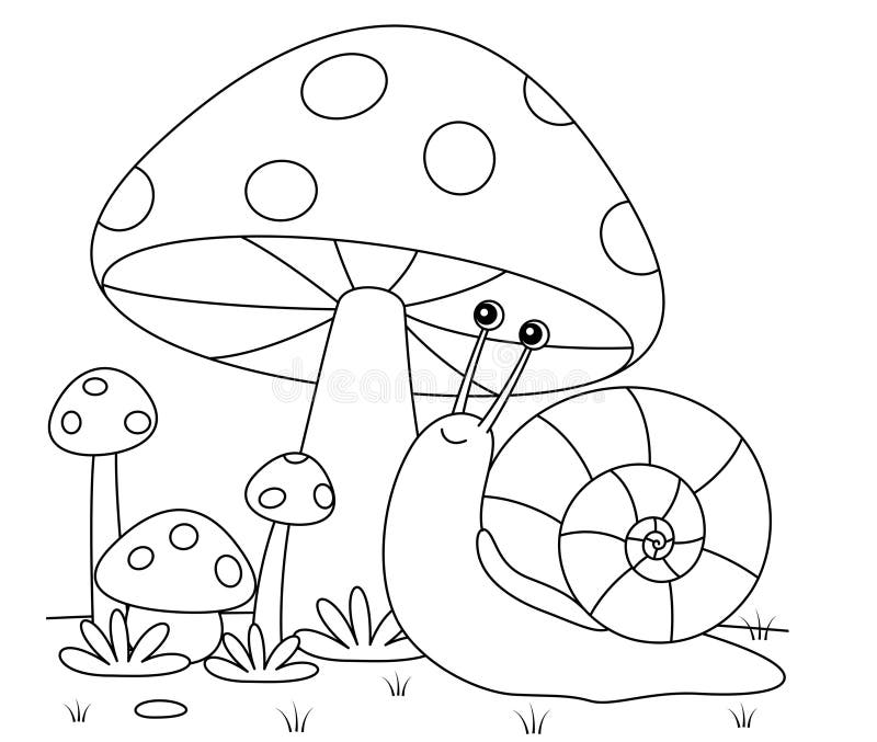 Cute Spring Snail and Mushroom Outline Coloring Page Stock Vector ...