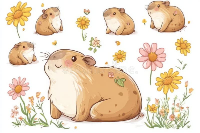 Cute Spring Themed Capybara Illustrations Surrounded by Flowers and ...