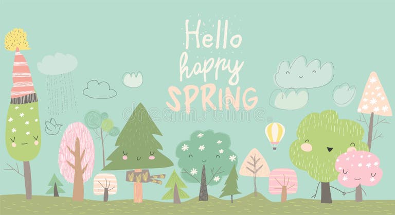 Cute Spring Trees. Cartoon Spring Trees on Blue Background Stock Vector ...