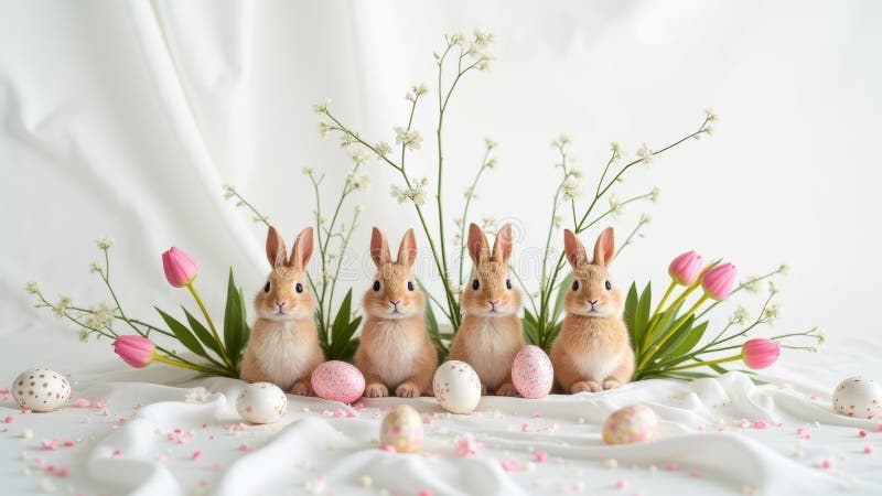 Cute Springtime Scene with Bunnies, Tulips, and Easter Eggs Stock Photo ...