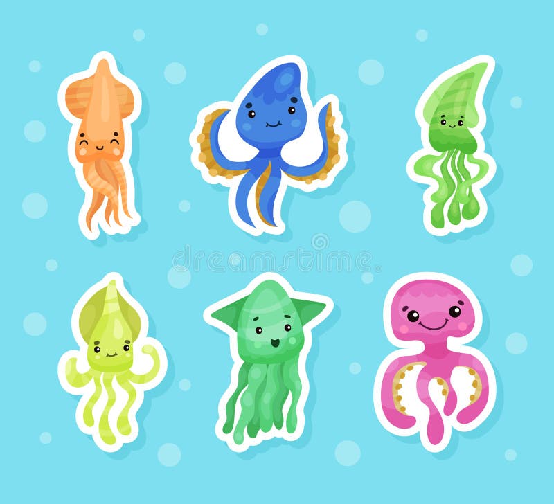 Cute Squid and Octopus with Smiling Face Vector Sticker Set Stock ...