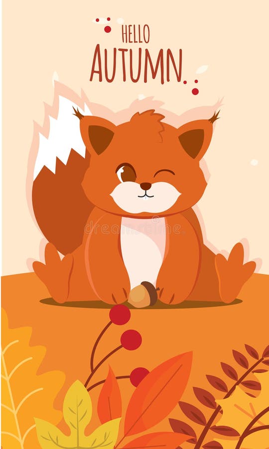 Cute Squirrel with Autumn Leaves and Text Hello Autumn, Vector Stock ...