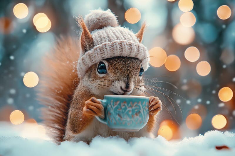 A Cute Squirrel Drinks Coffee from a Cup in a Winter Forest Stock Image ...