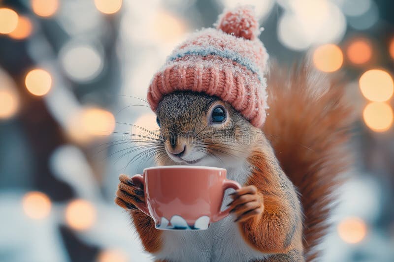 A Cute Squirrel Drinks Coffee from a Cup in a Winter Forest Stock Photo - Image of charming ...