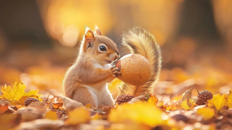 A Cute Squirrel Eats a Nut in the Fall Leaves Stock Illustration ...