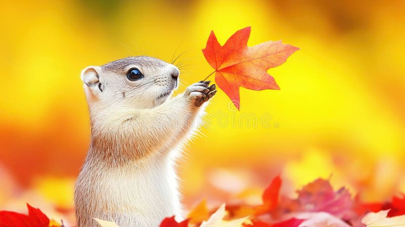 Cute Squirrel Holding Maple Leaf, Autumn Forest, Fall Foliage, Greeting ...