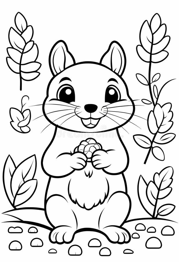 Cute Squirrel Holding a Nut on a Coloring Page with Floral Elements and ...
