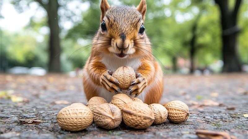 Cute Squirrel Holding Nuts in Park Stock Illustration - Illustration of ...