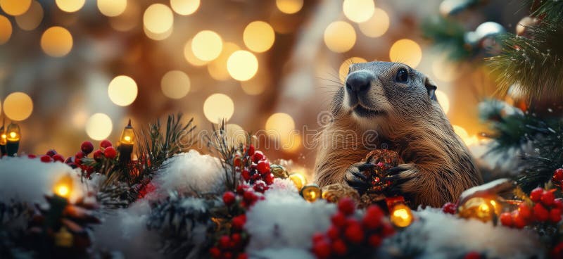 Cute Squirrel Holding Pine Cone Surrounded by Festive Decorations and Lights, Copy Space for ...