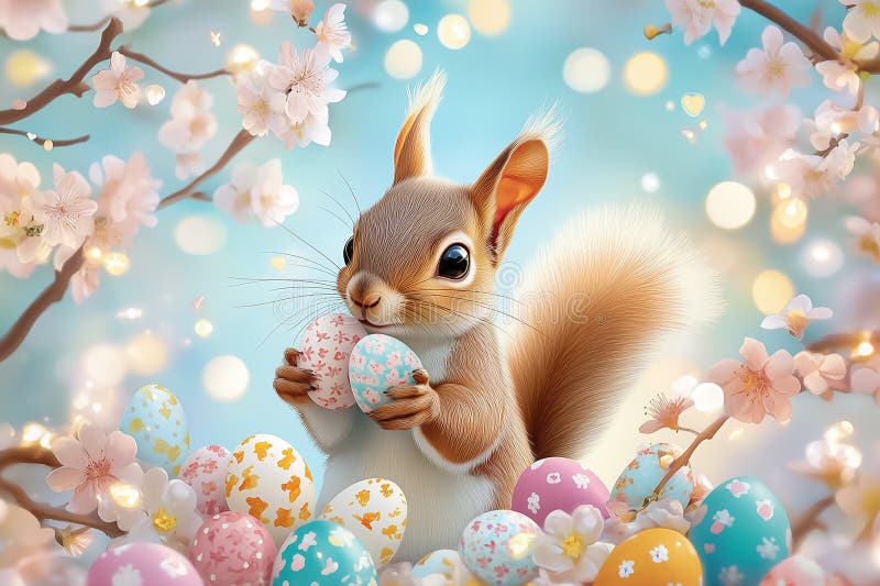 A Cute Squirrel Holds Pastel-colored Easter Eggs Surrounded by Delicate ...