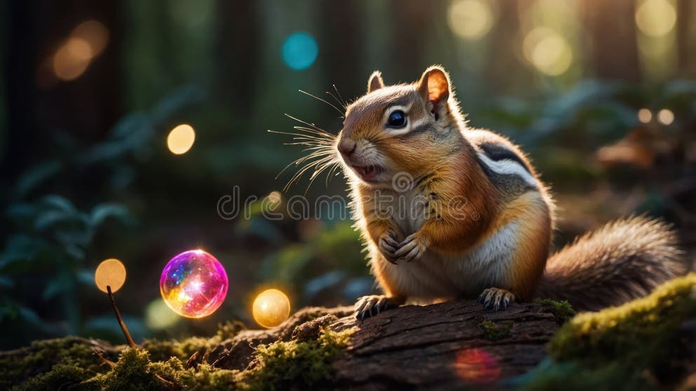 Adorable Chipmunk and Magical Bubble in Enchanted Forest Stock ...