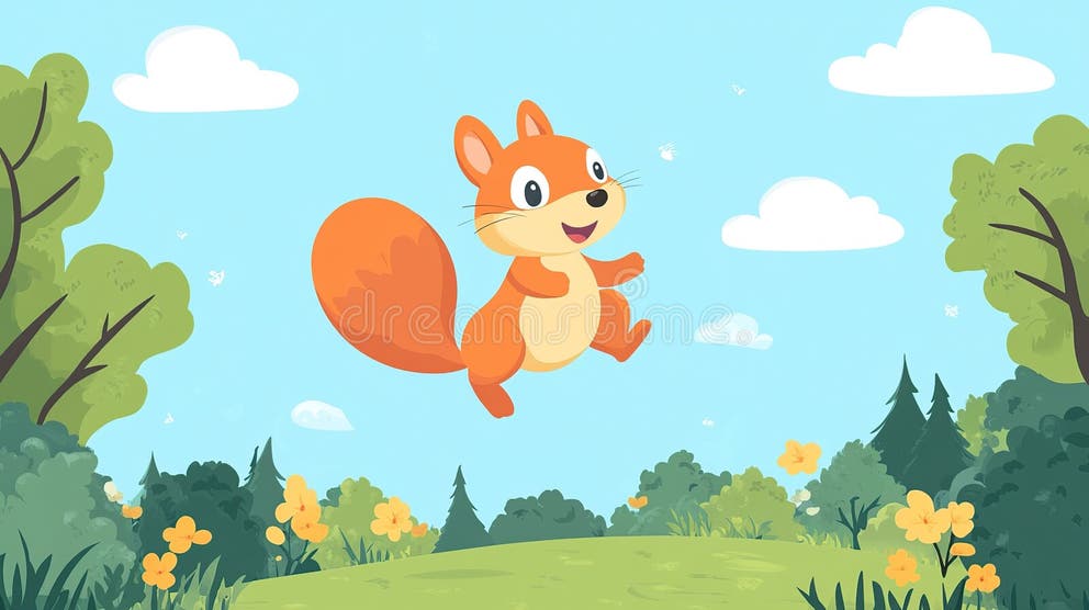 Cute Squirrel Jumping in a Vibrant Forest Stock Illustration ...