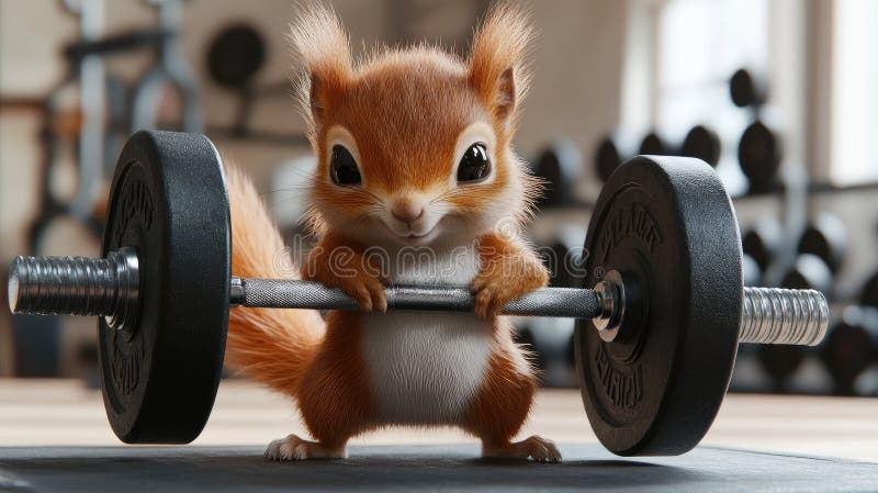 Cute Squirrel Lifting Barbell in a Gym. Stock Photo - Image of tiny ...
