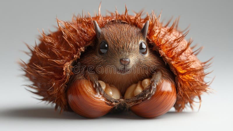Cute Squirrel-like Creature Inside a Chestnut Shell with Large Eyes and ...