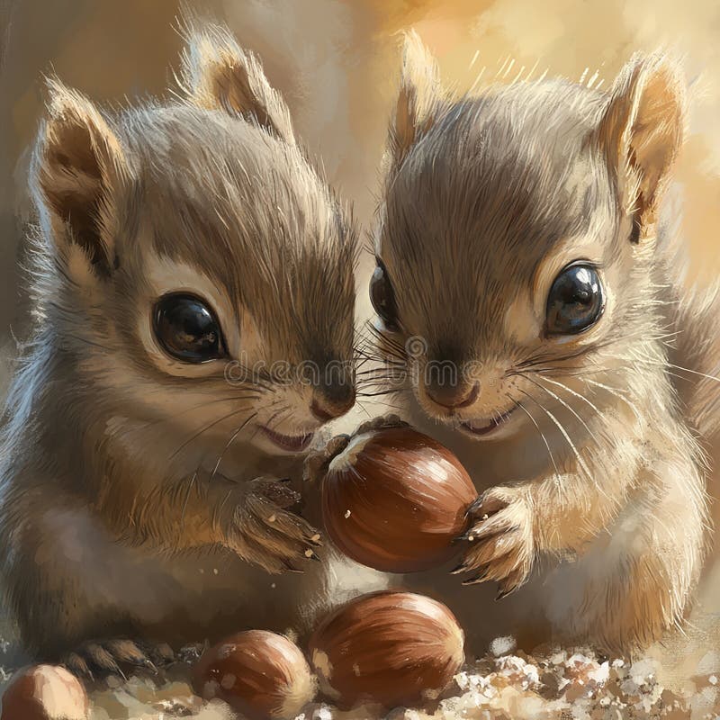 Cute Little Squirrels Eating Hazelnut, Animal, Drawing Stock ...