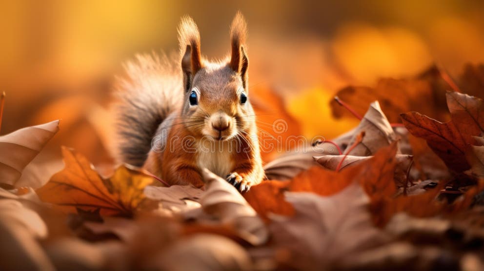 A Cute Squirrel Playing in a Pile of Autumn Leaves. Hello Autumn Stock ...