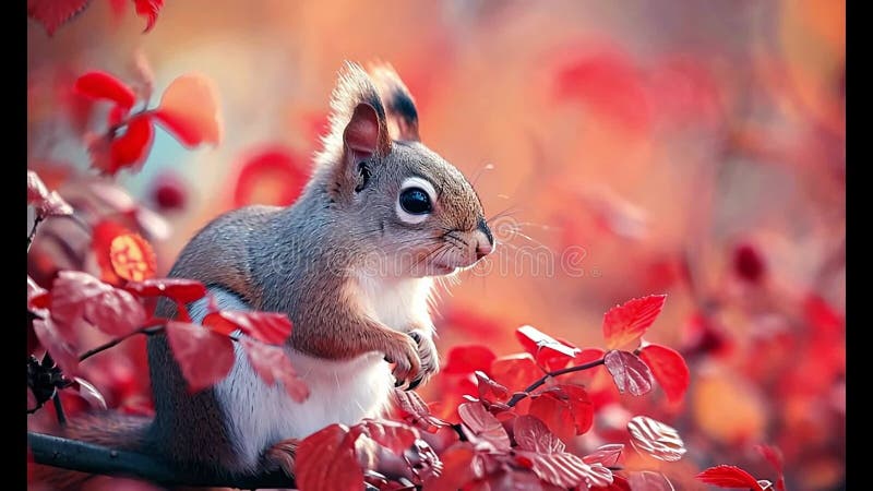 Cute Squirrel Posing on Red Leaves Branch Stock Footage - Video of cute, calm: 354004780