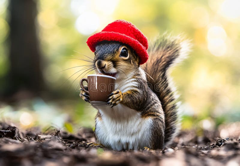Cute Squirrel in Red Hat Enjoying Coffee High Quality Image Stock ...