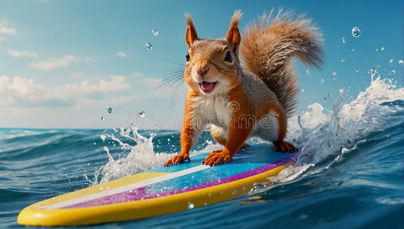 Cute Squirrel Riding on a Surfboard Summer Nature Character Relaxation ...