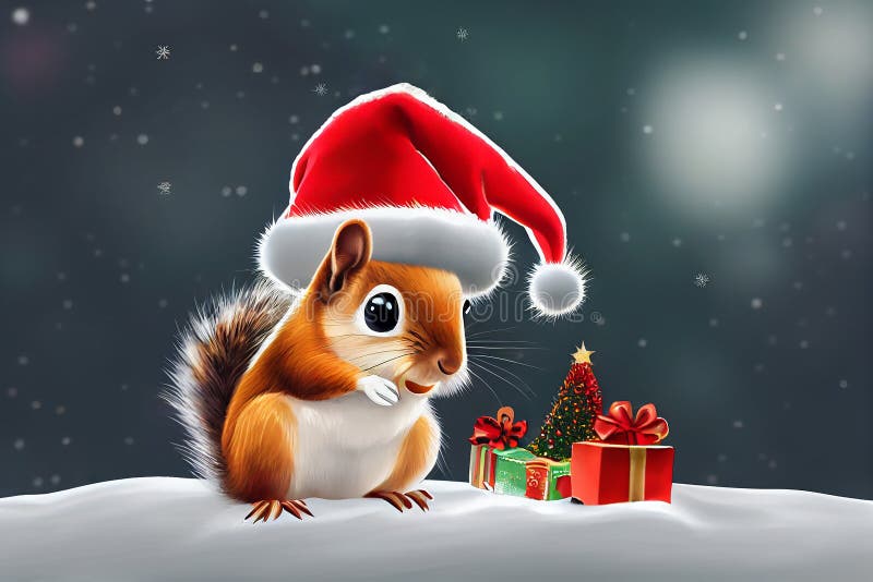 Cute Squirrel on Snow with Christmas Hat Stock Illustration ...