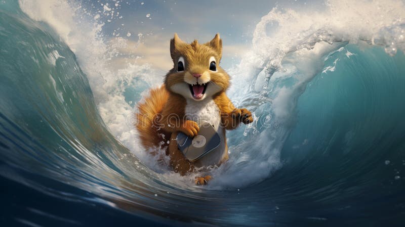Cute Squirrel Traveling at the Sea, Playing in the Waves Stock ...