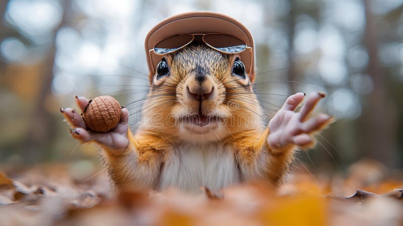 A Cute Squirrel Wearing Sunglasses and a Hat Holding a Nut Stock ...