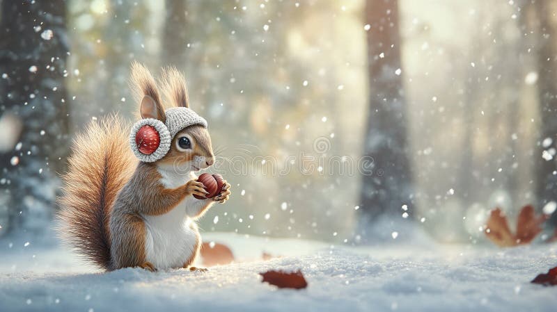 Cute Squirrel in Winter Hat Eating Nut in Snowy Forest Stock ...