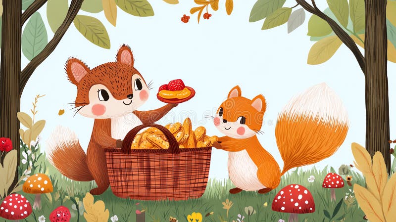 Cute Squirrels Sharing Food in a Forest Stock Illustration ...