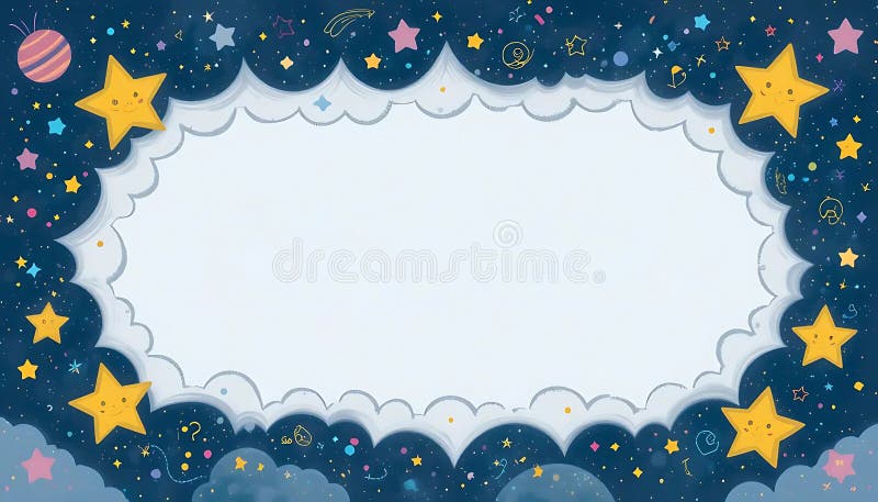 Cute Starry Night Sky Frame with Cloud Border and Space Elements Stock ...