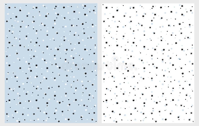 Cute Stars and Dots Vector Patterns. White, Black and Blue Stars and ...