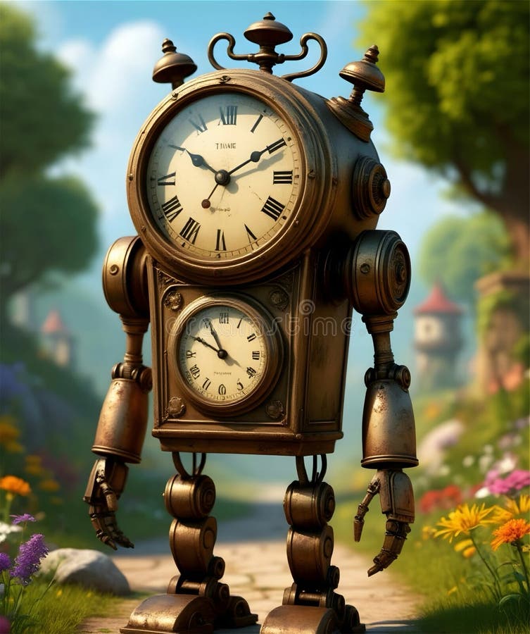 Cute Steampunk Clock Robot Character Stock Illustration - Illustration ...