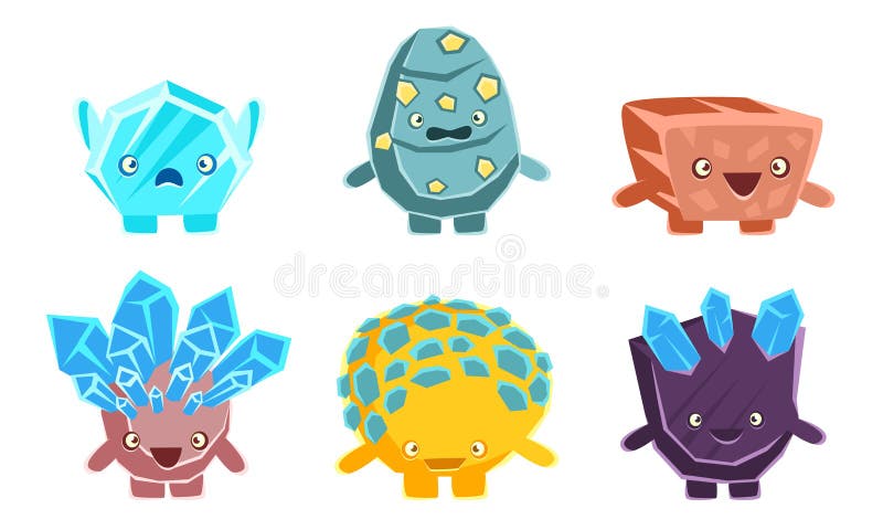 Cute Stones Characters Set, Friendly Humanized Crystals Met Funny Faces ...