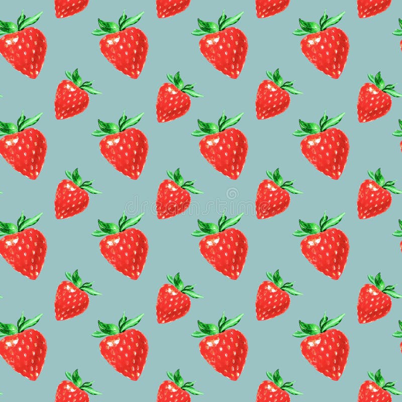 Cute Strawberries Seamless Pattern on a Light Blue Background in the ...