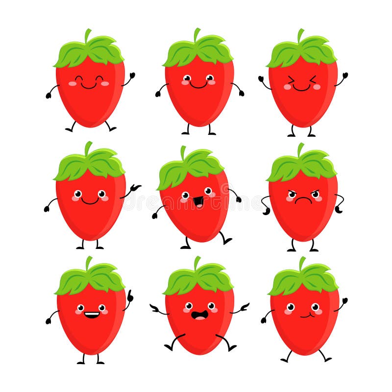 Cute Strawberry Characters Set with Different Emitions Vector I Stock ...