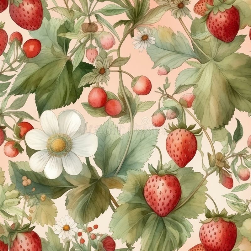 Cute Strawberry Field Pattern Watercolor Stock Illustration ...
