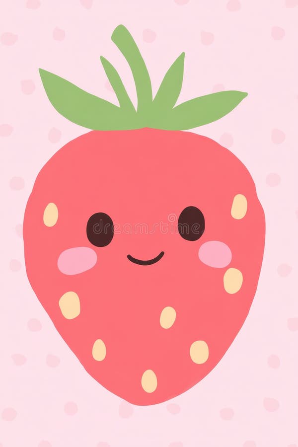 Cute Strawberry with Smiling Face on Pink Polka Dot Background. Stock ...
