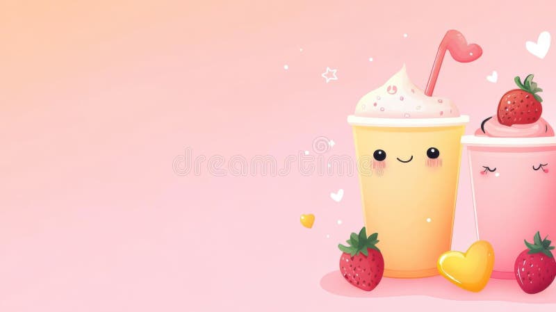 Cute Strawberry Smoothies with Happy Faces and Heart Straws Concept ...