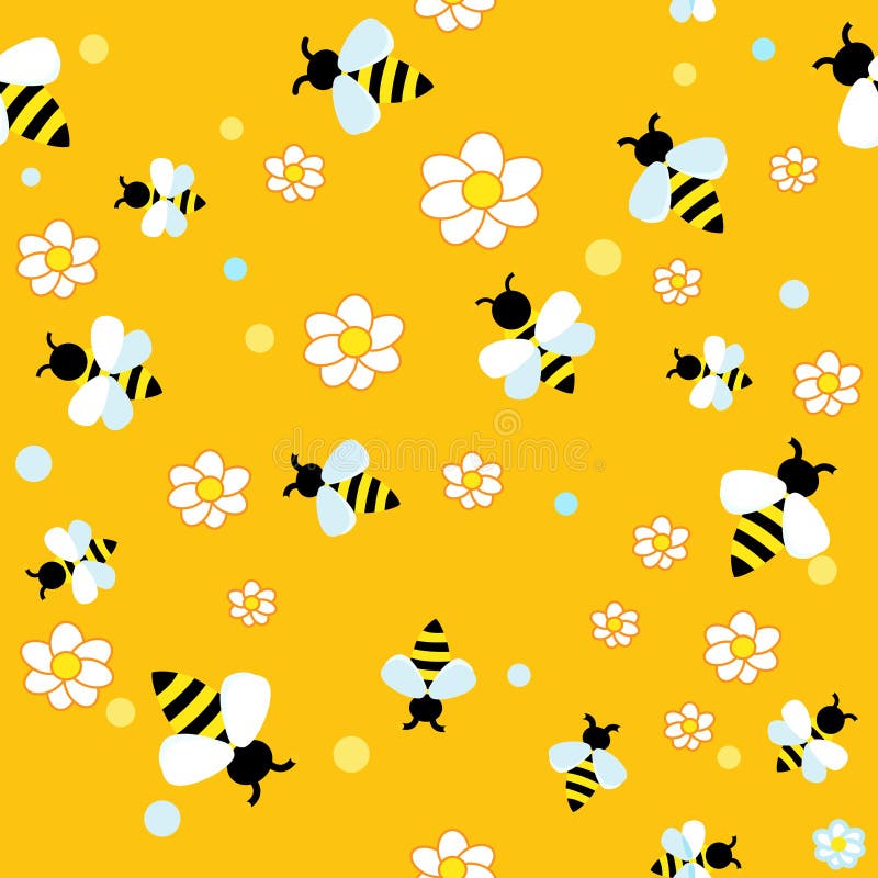 Cute Striped Bee Around White Flowers Chamomile. Vector Seamless ...