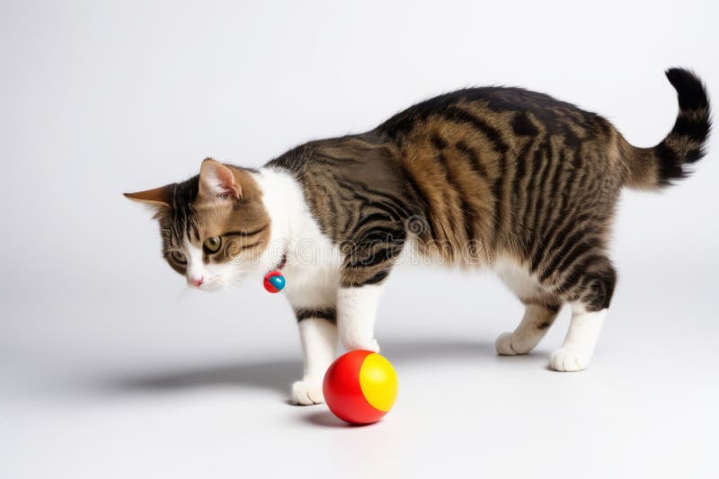A Cute Striped Cat Playing with Ball Indoor Against White Background ...