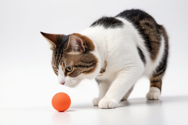A Cute Striped Cat Playing with Ball Indoor Against White Background ...