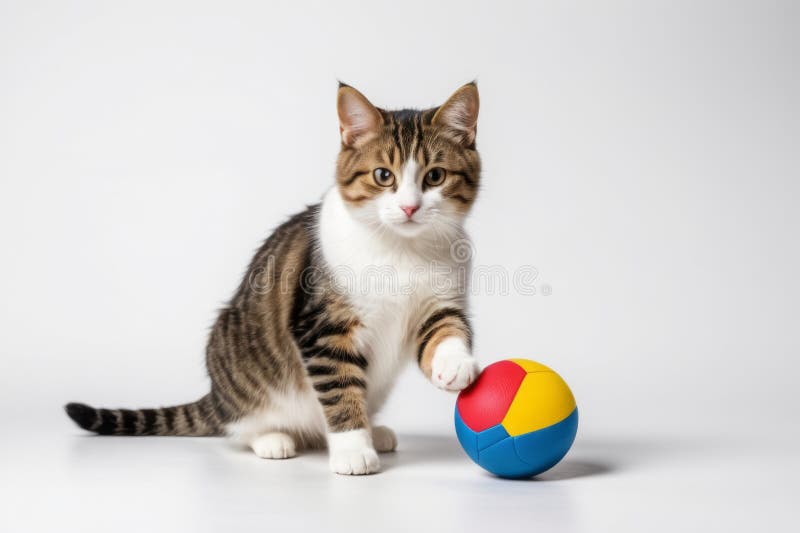 A Cute Striped Cat Playing with Ball Indoor Against White Background ...