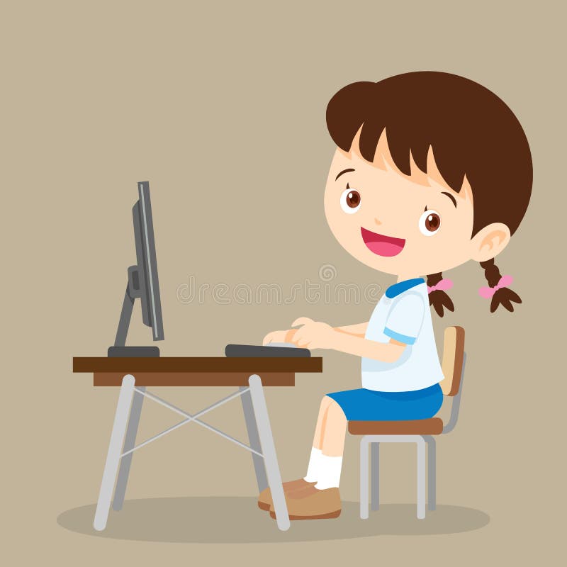 Cute Student Girl Working with Computer Stock Vector - Illustration of ...