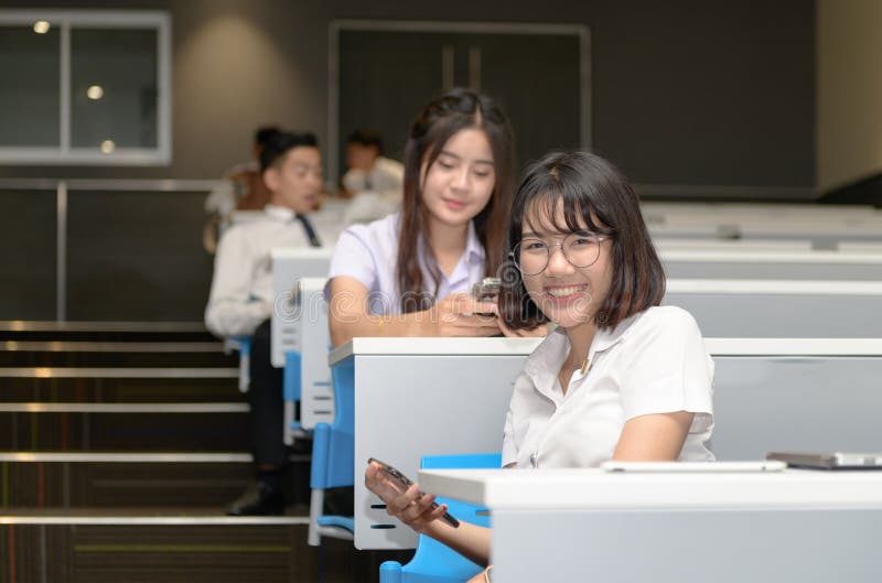 Cute Student Work with Laptop in Classroom Stock Image - Image of girl ...