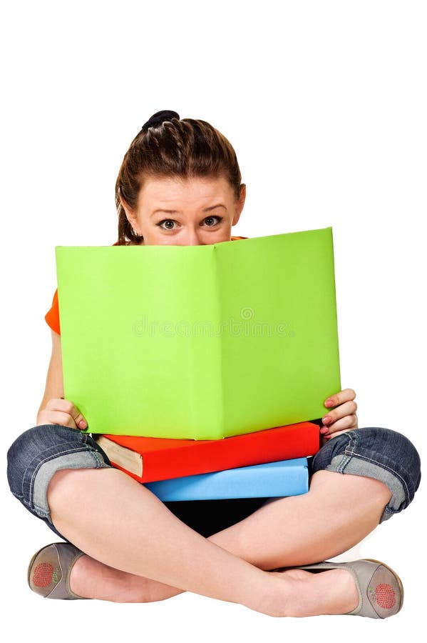 Teenage Girl Reading a Book on the Floor Stock Image - Image of female ...