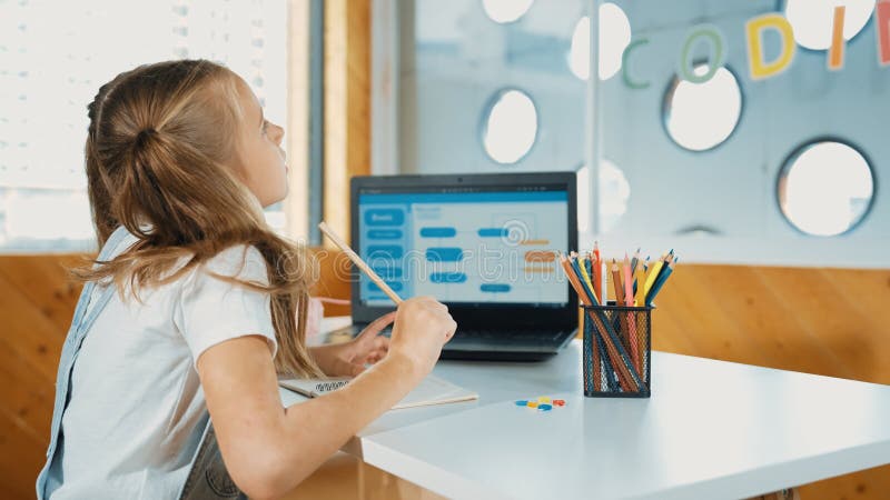 Student Thinking while Writing or Doing Homework by Using Laptop ...