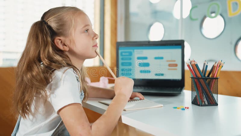 Student Thinking while Writing or Doing Homework by Using Laptop ...